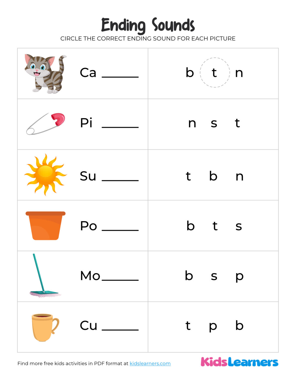 Ending Sounds Worksheet For Kids