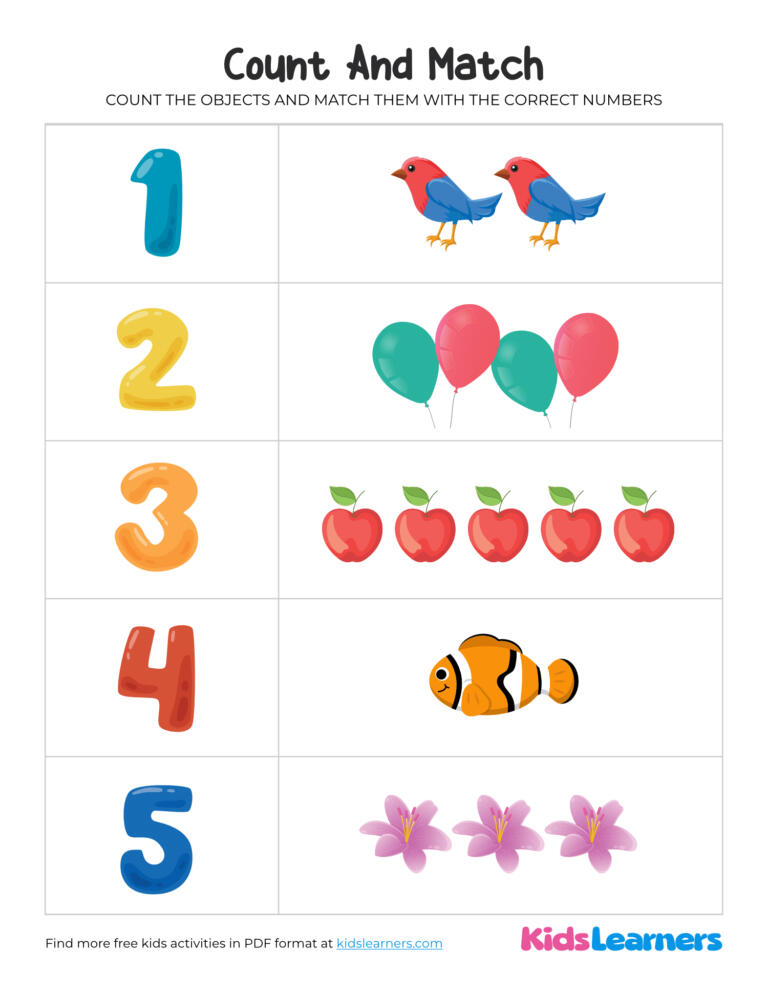 Count And Match Numbers Worksheet For Kids